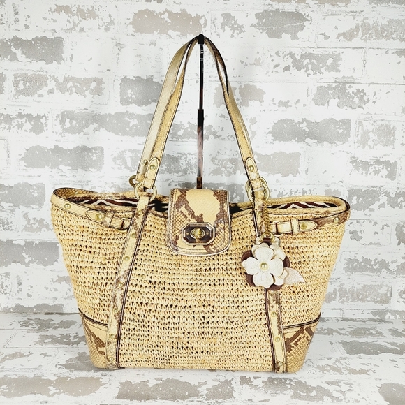 Coach | Bags | Coach Natalie Straw Tote Bag With Python Leather Details ...
